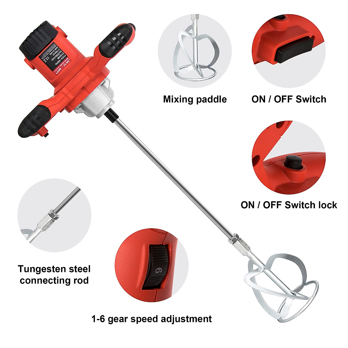 JKH-win® Concrete Mixer 2100W Electric Portable Handheld Cement Mixer, 6-Speed Adjustment Mud Mixer, Mortar Mixer for Mixing Cement, Mortar, Paint and Concrete
