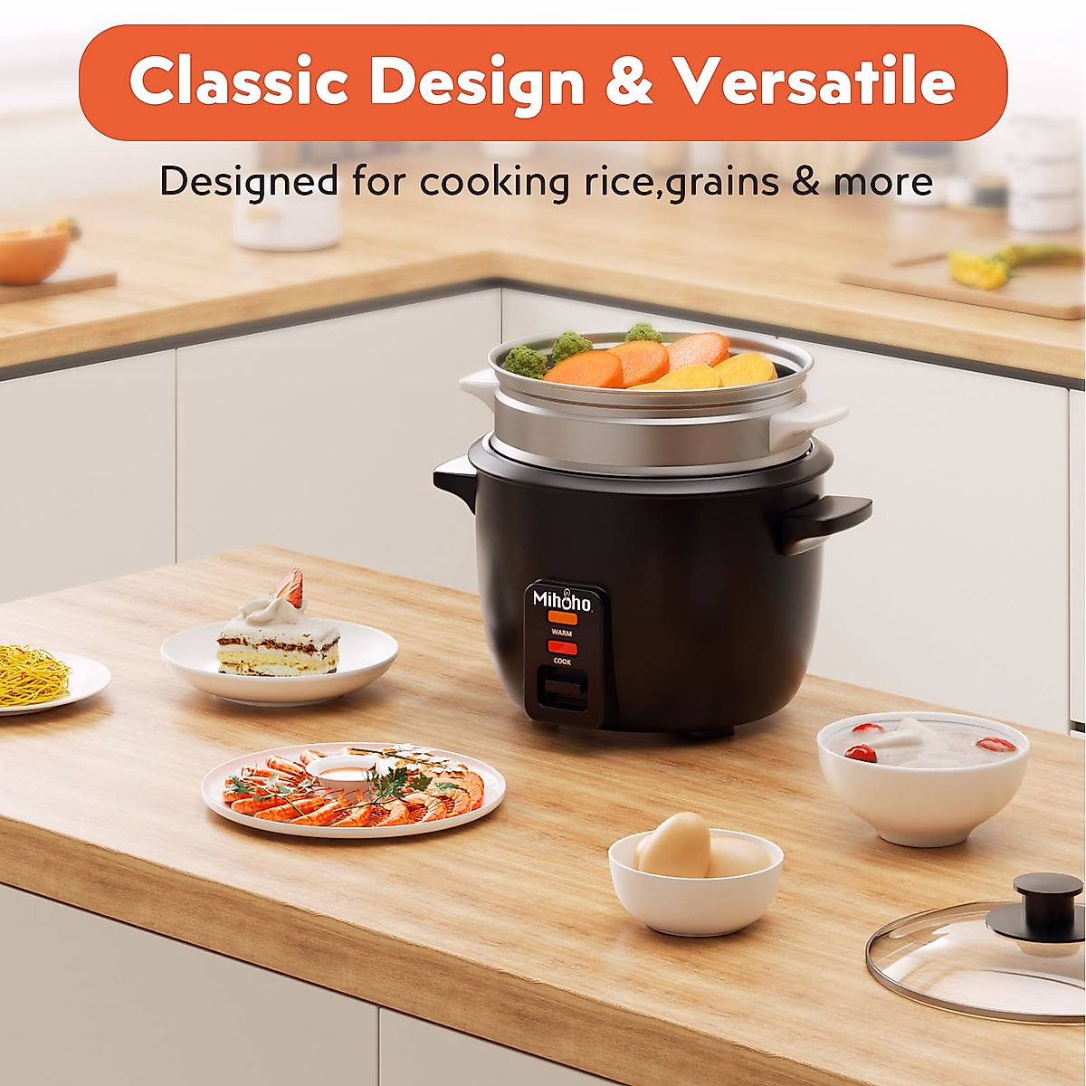 Rice Cooker, 2L Rice Cooker with Food Steamer, Rice Steamer with Non-Stick Inner Pot Makes Soups, Stews, Grains, Cereals, Keep Warm Feature (Black)