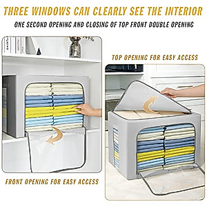 3 Pack Clothes Storage Organizer Bins - Foldable Metal Frame Storage Bins Stackable Oxford Cloth Fabric Container Organizer Set with Carrying Handles and Clear Window (Large-66L, Gray)