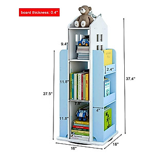 mopam 360° Rotating House Bookshelf 3-Tier Floor Standing Revolving House Bookcase Book Storage Shelf Organizer for Home Office Decor, Blue