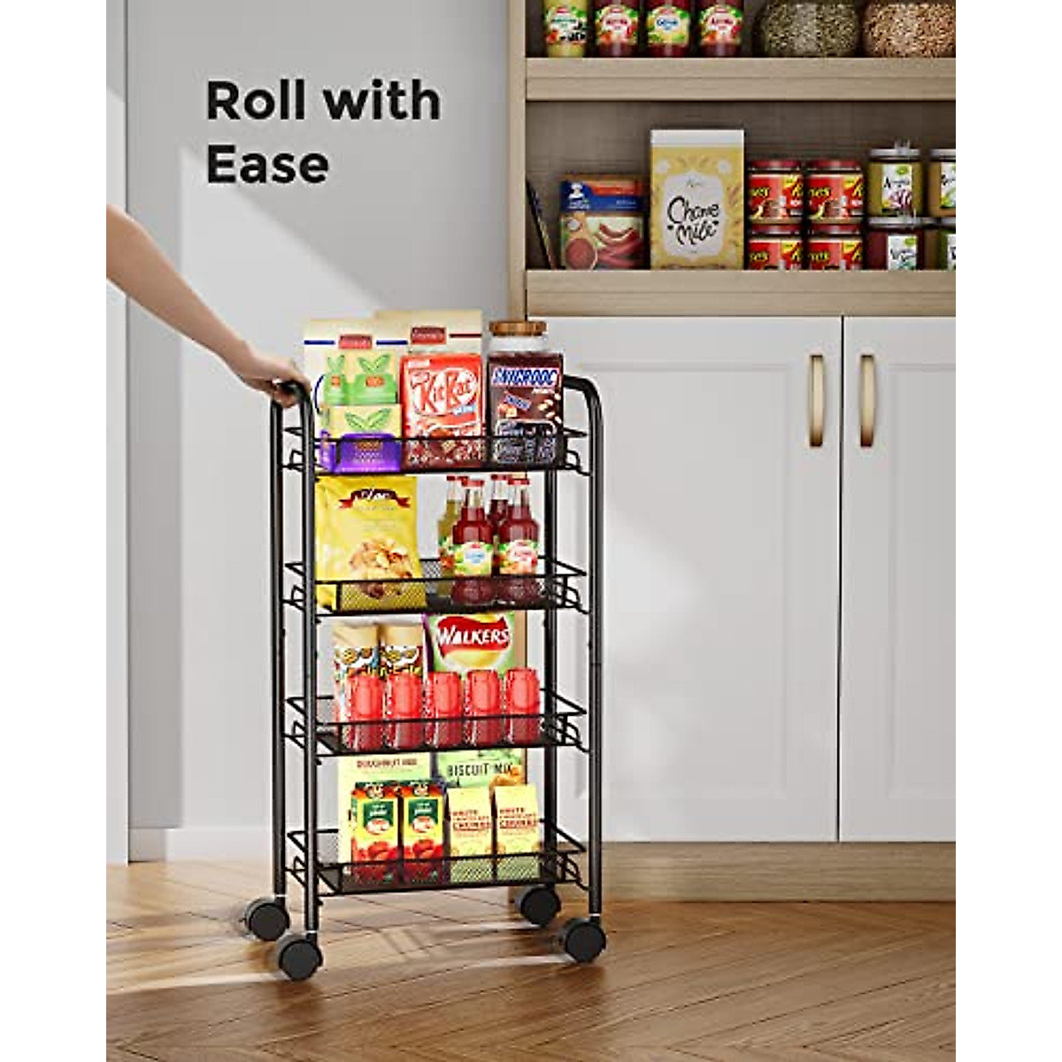 Pipishell 4-Tier Mesh Wire Rolling Cart Multifunction Utility Cart Metal Kitchen Storage Cart with 4 Wire Baskets Lockable Wheels for Home, Office, Kitchen PIUC02