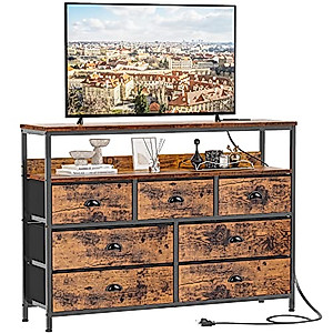 Furologee TV Stand with Power Outlets, Console Sofa Table with 7 Fabric Drawers and Shelves, Entertainment TV Media Center for 45" TV, Wide Storage Drawer Unit for Bedroom, Living Room