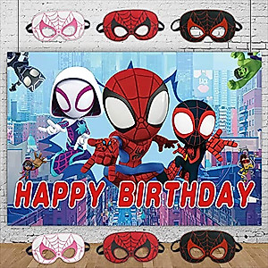 Spidey and His Amazing Friends Party Birthday Background, Spider Party Supplies,5x3Ft Spidey Photo Backdrop and 6 Pcs Spidey Party Cosplay Masks for Any Spidey Birthday Decor
