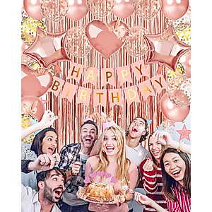 Lutoys Rose Gold Happy Birthday Party Decorations, Happy Birthday Banner, Rose Gold Foil Heart Star Confetti Balloons Curtain Backdrop Hanging Swirls Butterfly Party Decor for Girls Women Princess