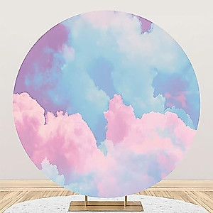 AWERT Polyester Diameter 7ft Colorful Clouds Round Backdrop Pastel Rainbow Pink Clouds Blue Sky Watercolor Background for Photography Anniversary Wedding Baby Shower Birthday Party Photo Studio Props