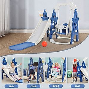 3-in-1 Kids Slide for Toddlers Age 1-3 Slide and Swing Set,Indoor Playground for Children,Freestanding Outdoor Slides with Basketball Hoop,Outside Climber Playhouses,Baby Climbing Toys Blue