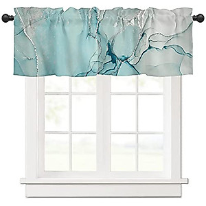 Kitchen Valances for Windows, Marble Texture Abstract Teal Blue and White Gold Glitter Splatter Kitchen Curtains, Short Curtains Rod Pocket Small Window Curtains 54"x18" Bathroom Curtains Window
