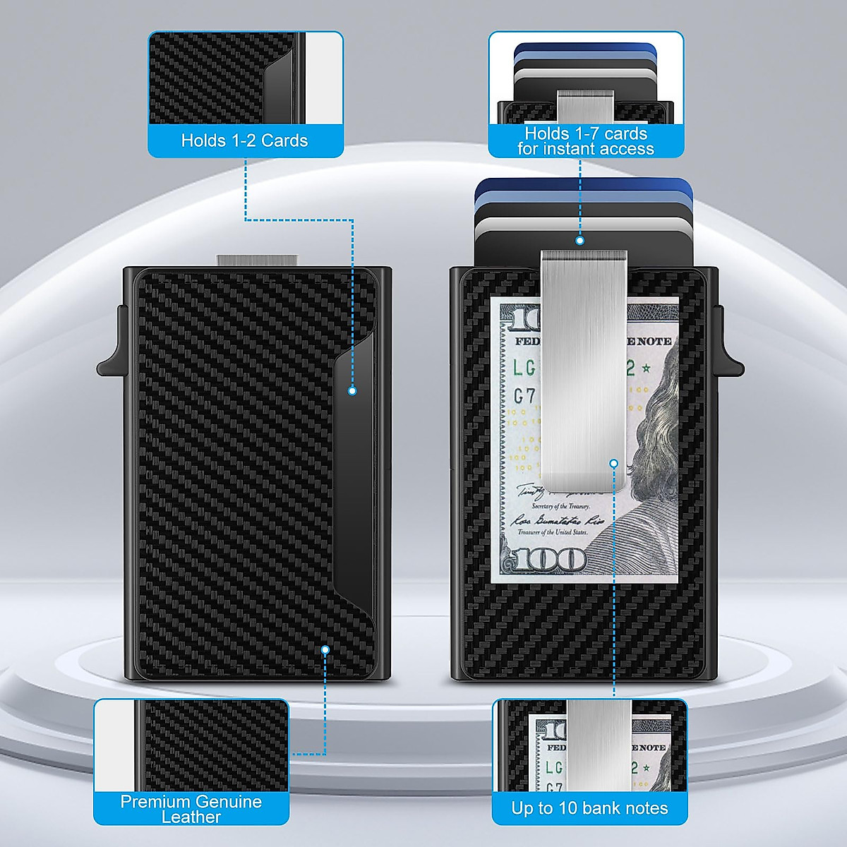 Minimalist Wallet for Men - with Money Clip, Slim Wallet Card Case Holder, Aluminum Pop Up Wallets with Gift Box, Metal Mens Wallet, RFID Blocking, Top-Grade Carbon Fiber Leather | 8 Card Capacity