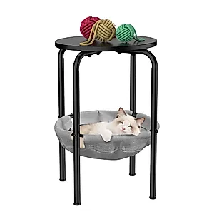 Memobarco End Table with Cat Hammock, Small Oval Side Table Night Stand, Bedside Tables with Fabric Basket and Metal Frame for Living Room and Small Spaces - Black
