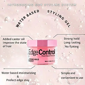 RQLN Edge Control for Black Hair, Hair Gel for Women, Strong Hold Water-based Edge Stay Gel, All Hair Types, No Flaking, Extra Hold, 3.38oz Fresh Cherry Fragrance