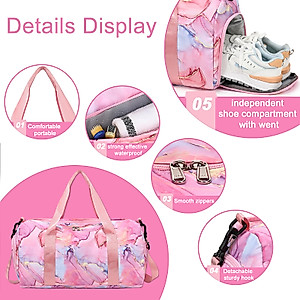 Weekender Duffel Sport Gym Bag Women Girls Travel duffle Bags with Shoe Compartment Wet Pocket (Marble Pink)