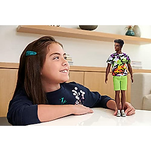 Barbie Fashionistas Ken Doll #123, Broad with Black Curly Hair Wearing Multi-Colored Camo Print Shirt, Neon Green Shorts & Silvery Sneakers