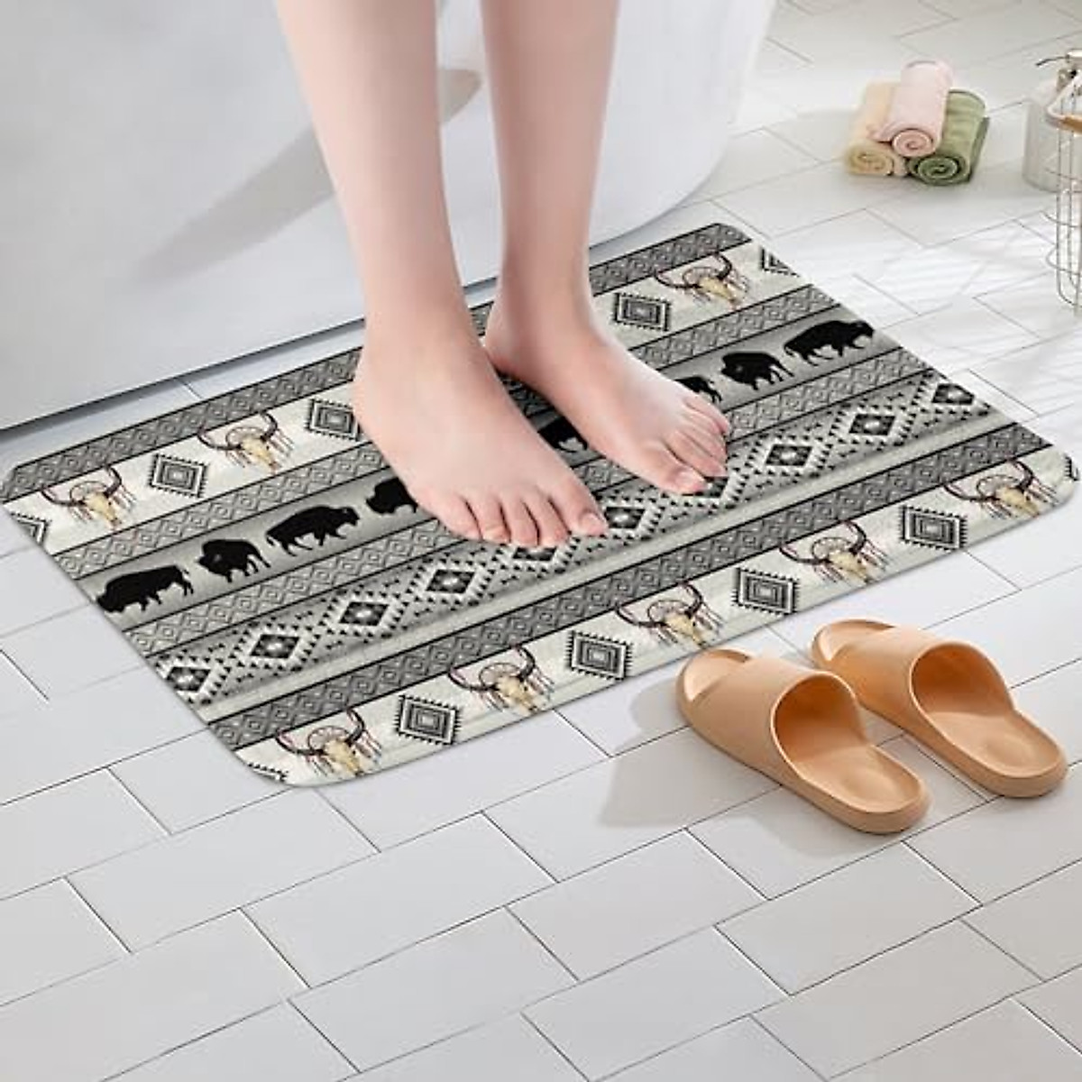 spefrowx Western Bath Mat 20"x32",Longhorn Skull Southwestern Outdoor Rug Ethnic Tribe Aztec Bath Rugs Highland Cow Farm Animals Shower Mat,Boho Indian Geometry Triangle Diamond Western Decor,Grey