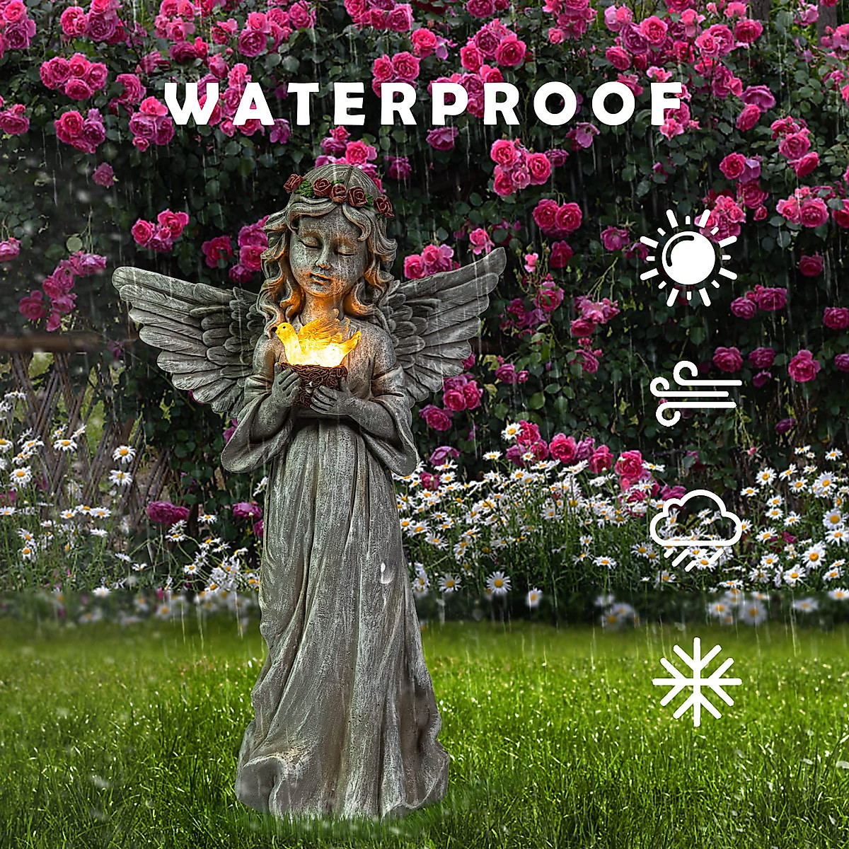 Ovewios Angel Garden Statue Outdoor Decor, Angel Garden Figurine Hold Dove with Solar Lights Waterproof Resin Yard Art Decoration Lawn Ornament Sculpture for Outside Patio Yard Gift