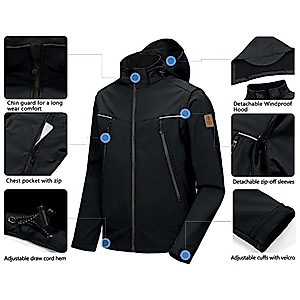 Little Donkey Andy Men's Waterproof Softshell Jacket with Detachable Sleeves and Hood, Fleece Mountain Ski Snow Rain Coat Black Size XL