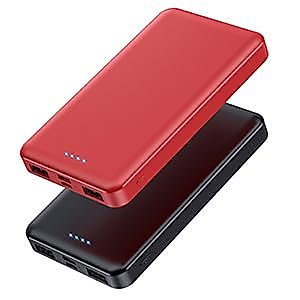 [2 Pack] Portable Charger Power Bank 10000mAh,Ultra Slim Compact External Battery Pack with USB C Input & Dual USB Outputs Backup Charger Compatible with iPhone 13,12, Samsung S20,Tablet-Black+Red