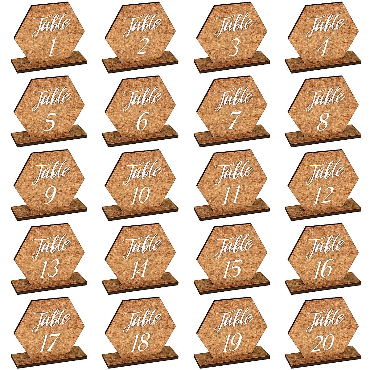 20 Pieces Wooden Table Numbers 1-20 Wedding Table Numbers Hexagon Shape Rustic Wooden Numbers with Holder Base for Wedding Event Party Decoration