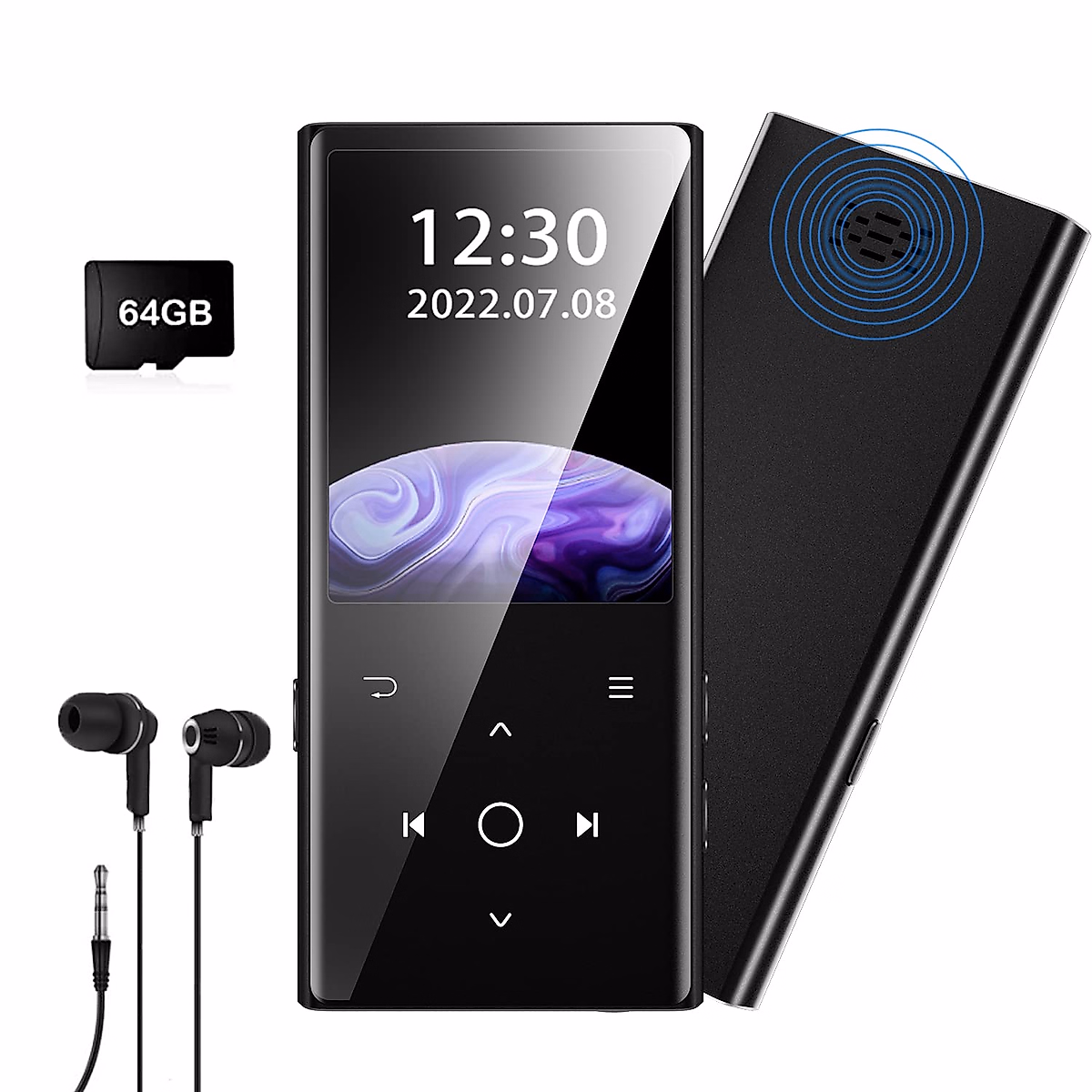 64GB MP3 Player with Bluetooth 5.0, AiMoonsa Music Player with Built-in HD Speaker, FM Radio, Voice Recorder, HiFi Sound, E-Book Function, Earphones Included
