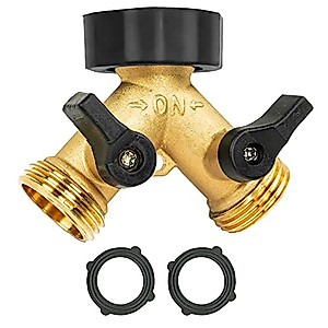 LIULO TOOL Brass Garden Hose Splitter 2 Way, Hose Y Splitter 3/4 Inch Heavy Duty Brass Hose Connector Tap Splitter, Hose Spigot Adapter 2 Valves with Rubber Washers (1 Pack)