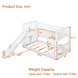 Montessori Floor Bunk Bed Twin Over Twin, Twin Bunk Bed with Slide and Ladder, Kids Bunk Beds with Guardrail Headboard and Footboard, Low Bunk Beds for Kids, Boys, Girls, Twin Bunk Bed White