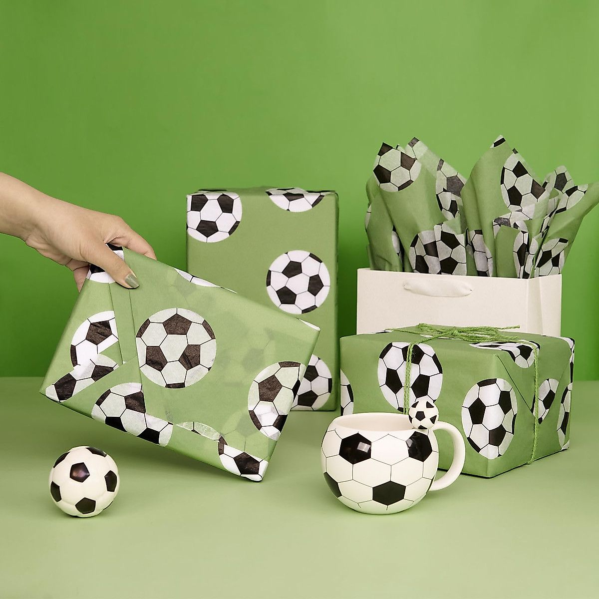 PAPER FAIR 60 Sheet Soccer Pattern Tissue Paper 20 x 20in Green White Black Football Art Gift Wrapping Paper DIY Craft Art Paper for Baby Shower Birthday Party Gift Packing