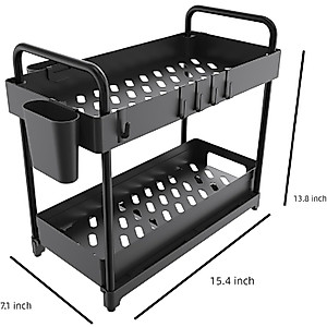 2 Pack Under Sink Organizer, Warmodern 2 Tier Bathroom Organizer Under Sink, Kitchen Cabinet Organizers and Storage Baskets with 16Hooks and 4 Hanging Cups, Multifunction Bathroom Under Sink Organizer