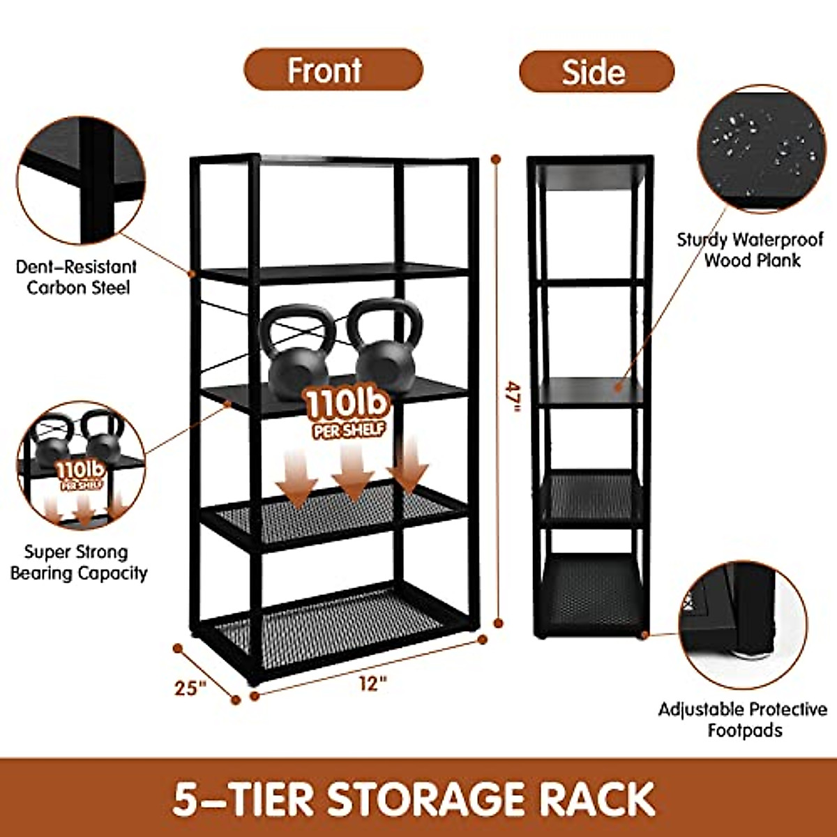 Acehome 5-Tier Bookshelf, 47" H Home Office Bookcase, Industrial Ladder Shelf, Freestanding Storage Organizer Rack, MDF Shelf and Metal Frame with for Bedroom, Living Room, Home Office-Black