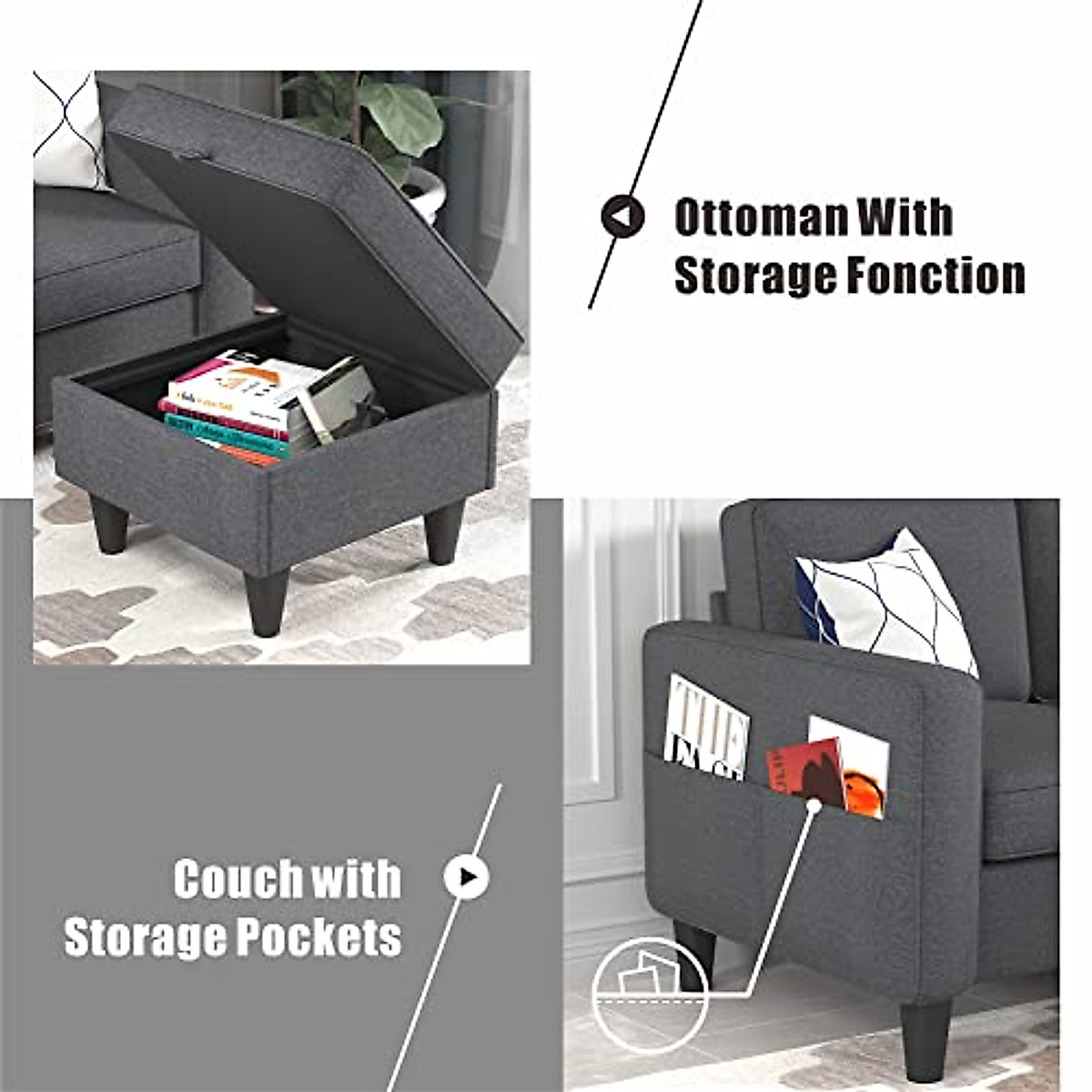 Sectional Sofa Couch Convertible L-Shaped Couches with Storage Ottoman Dark Grey 3 Seater Modern Linen Fabric Futon Sleeper Furniture Set for Living Room Apartment Loft Small Spaces