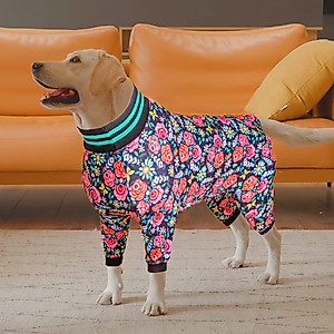 LovinPet Big Dog Pajamas, Base Layer Dog Pjs Under Dog Sweater, UV & Post Operative Protection High Collar Dog Jumpsuit, Stretchable Plenty Roses Black Prints Large Dog Jammies XL