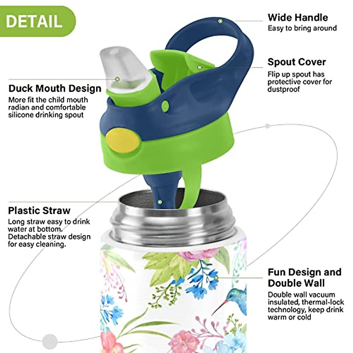 Flower Birds Kids Water Bottle with Straw Lid - 12 oz Double Wall Vacuum Insulated Stainless Steel Water Bottle Leak Proof Reusable Thermos for Toddlers, Girls, Boys