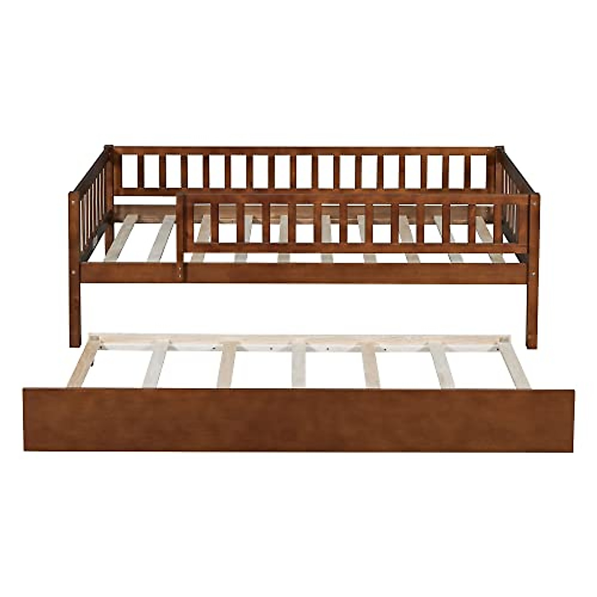 DEINPPA Twin Bed with Trundle, Kids Daybed Trundle Bed, Wooden Bed Frame with Fence Guardrails for Kids Children Toddlers Boys Girls-Walnut