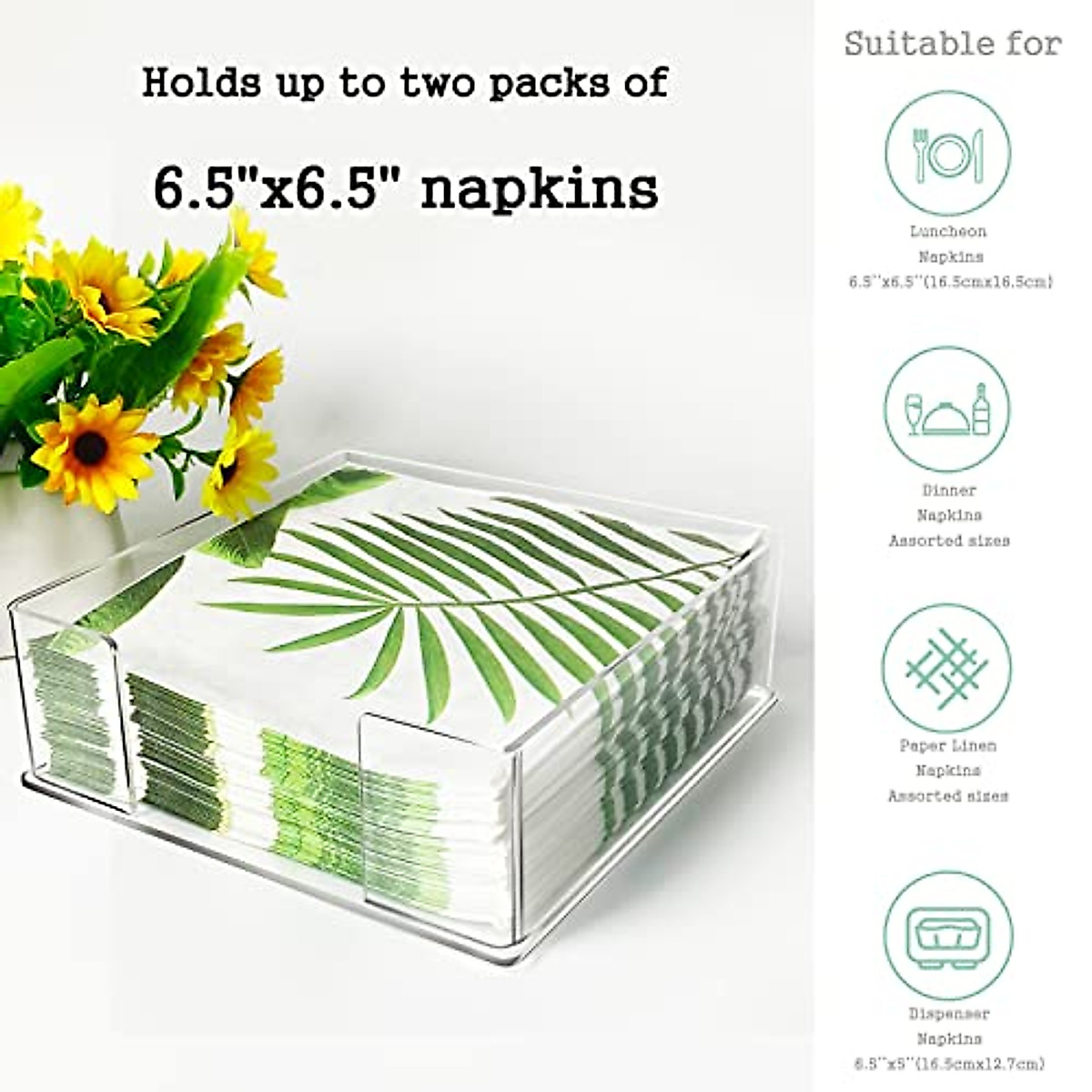 Napkin Holder, Acrylic Luncheon Napkins Holder for Table and Kitchen, Table Top Napkin Holders, Tissue Dispenser, Napkin Tray for for Bathroom, Kitchen, Parties, Weddings, Events 7 x 7 inches