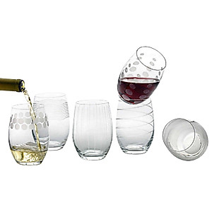 Mikasa Cheers Stemless Etched Wine Glasses, Fine European Lead-Free Crystal, 17-Ounces for Red or White Wine - Set of 6
