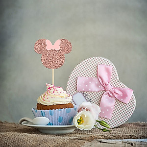 Gyufise 36Pcs Mouse Inspired Cupcake Toppers with Pink Bow Rose Gold Glitter Mini Mouse Cupcake Picks Decorations for Baby Shower Wedding Kids Birthday Party Supplies