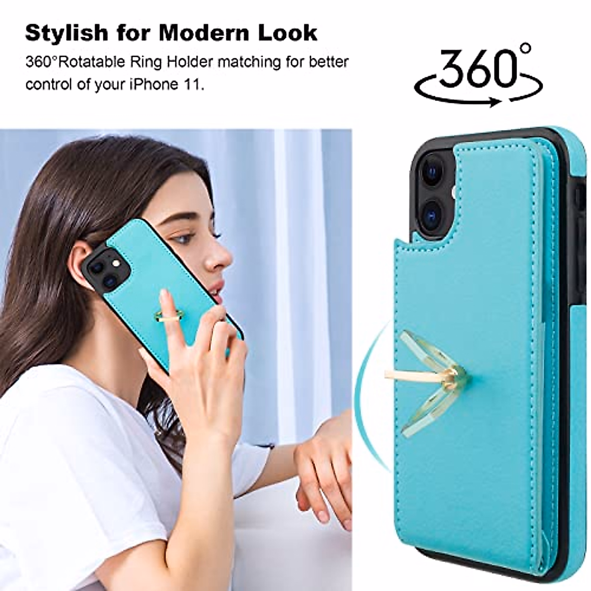 Folosu Compatible with iPhone 11 Case Wallet with Card Holder, 360°Rotation Finger Ring Holder Kickstand Protective RFID Blocking PU Leather Double Buttons Flip Shockproof Cover 6.1 Inch Green