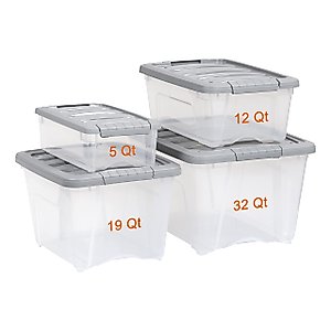 Amazon Basics 5 Quart Stackable Plastic Storage Bins with Latching Lids- Clear/ Grey- Pack of 10