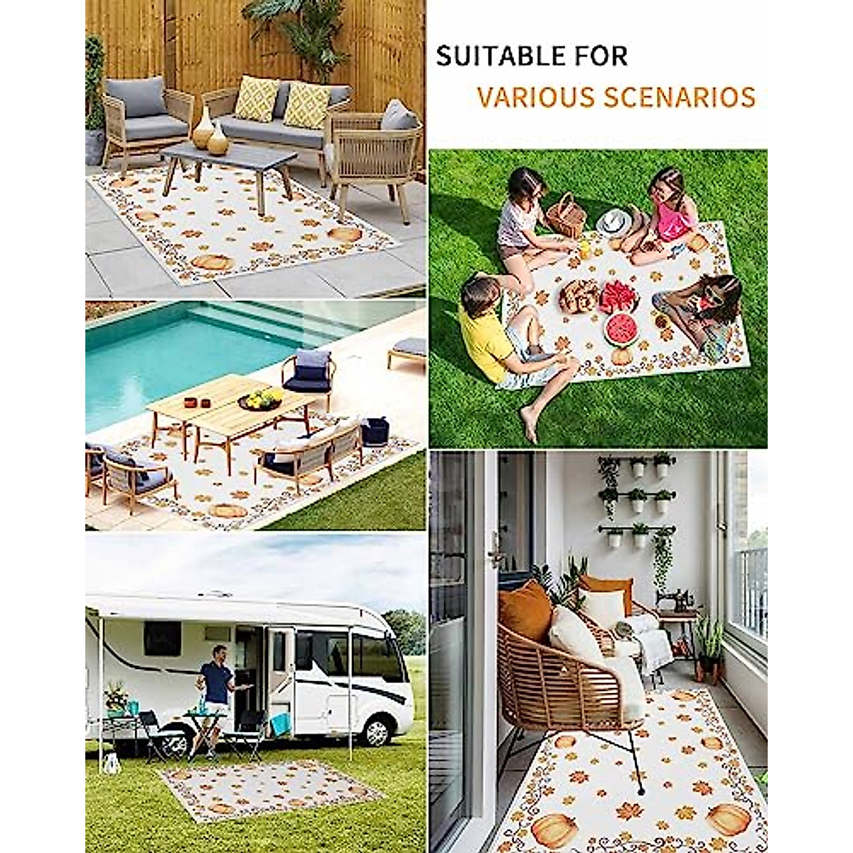Pumpkin Outdoor Area Rug 4'x6',Patio Balcony Porch Front Door Camping Camper Deck Runner Rug,Washable Carpet Indoor Living Room/Kitchen,Hallway Floor Mat Fall Thanksgiving Maple Leaves Orange Autumn