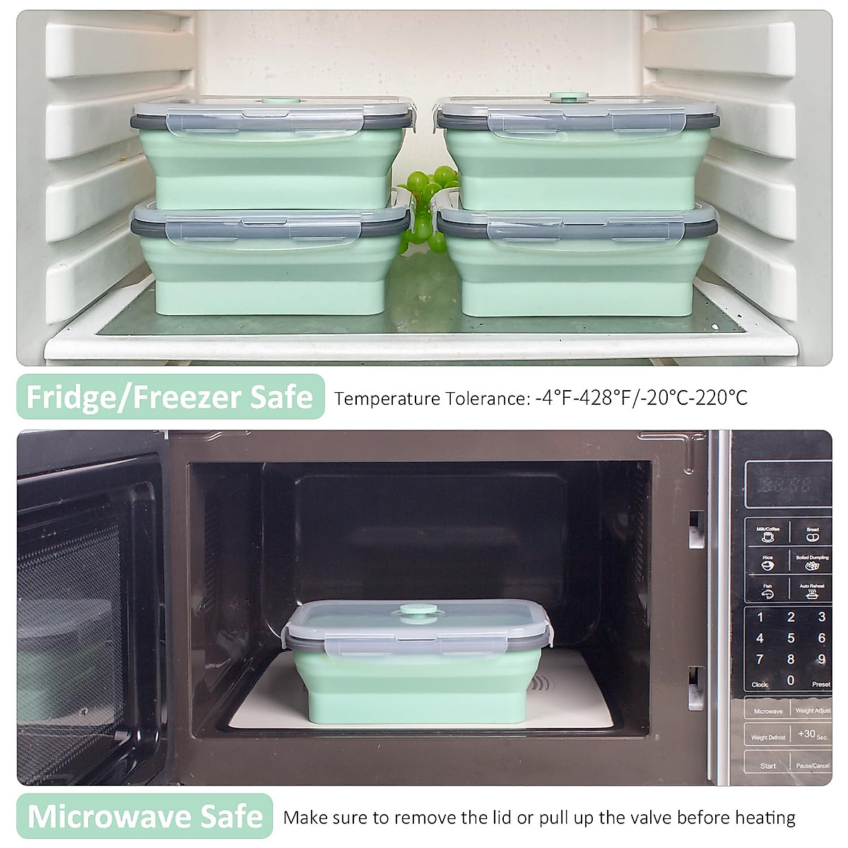 Annaklin Collapsible Food Storage Containers with Lids & Vent, 27 oz, Kitchen Stacking Silicone Collapsible Meal Prep Container Set for Leftover, Microwave Freezer Dishwasher Safe, Mint Green, 4 Pack