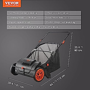 VEVOR Push Lawn Sweeper, 21-inch Leaf & Grass Collector, Strong Rubber Wheels & Heavy Duty Thickened Steel Durable to Use with Large Capacity 3.5 cu. ft. Mesh Collection Hopper Bag, 2 Spinning Brushes