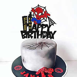 Spider Birthday Cake Topper Spider Cartoon Movie Themed Happy Birthday Cake Decorations for Men Boy Children Bday Party Supplies Double Sided Glitter Black Décor