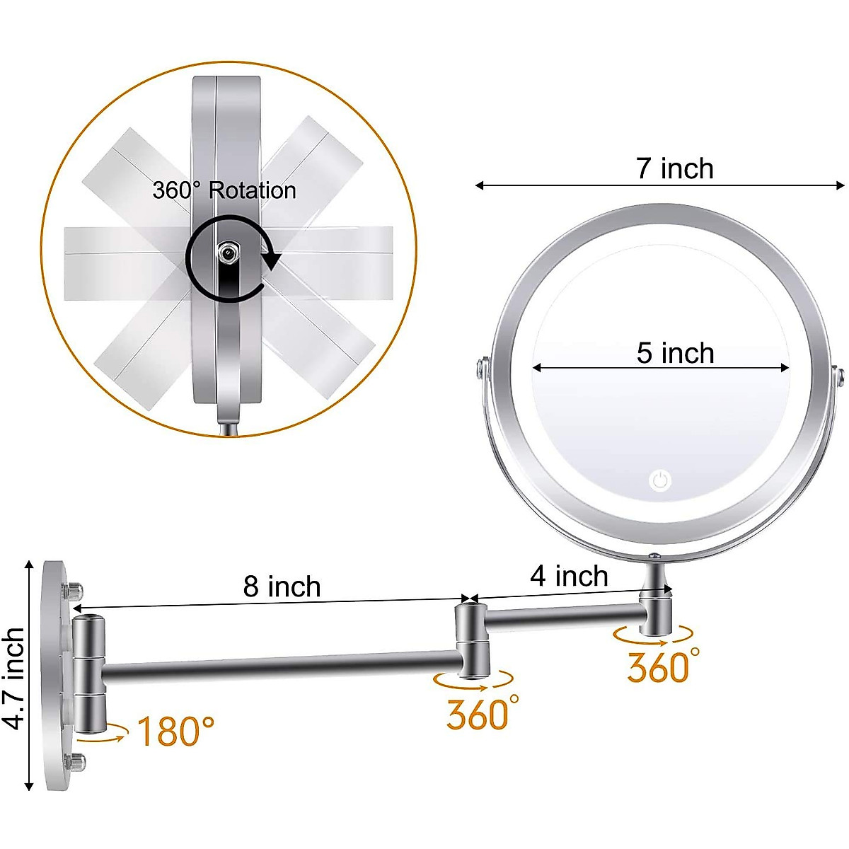 Wall Mounted Makeup Mirror, 1X 10X Magnification 360 Degree Rotation Double Sided Led Lighted Vanity Mirrors for Bathroom AC Adapter or Battery Operated