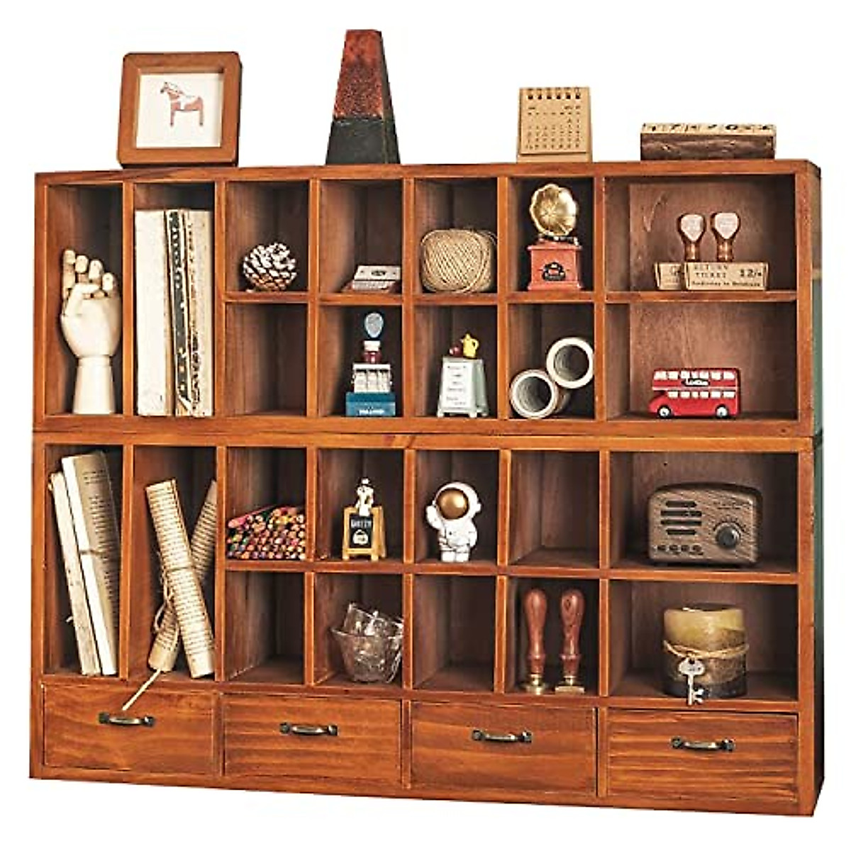 Wood Cabinet Floating Shelves (Set of 2) - Includes 1 Cubby Shelf w/ 12 Slots & 4 Drawers and 1 Wide Wooden Shelf - Stackable Farmhouse Decor Walnut Wood Cabinet - Total of 26 Compartments