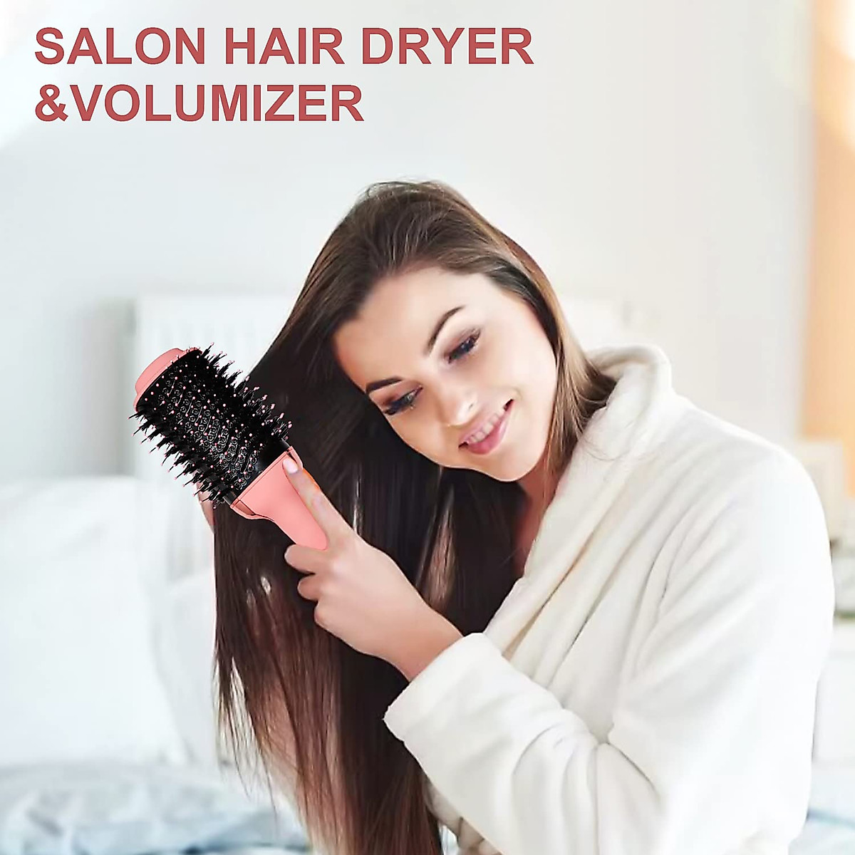Huyerdo 4 in 1 Hair Dryer Brush, Pink Hot Air Brush Blow Dryer Brush in One, with Titanium Barrel, Hair Styler for Smooth, Negative Ion Anti-Frizz Blowout Hair Dryer Brush for Women