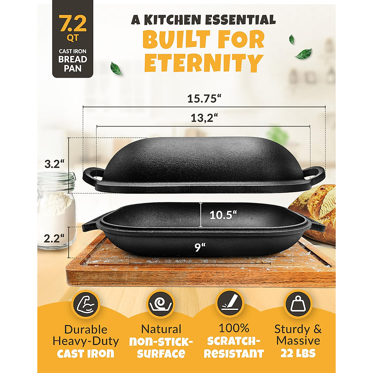 CRUSTLOVE Cast Iron Bread Pan with Lid - incl. Sourdough Bread Baking Supplies like Banneton Bread Proofing Basket - 7.2QT Bread Oven Dutch Oven for Bread Baking Cast Iron Pan Scoring Tool Lame