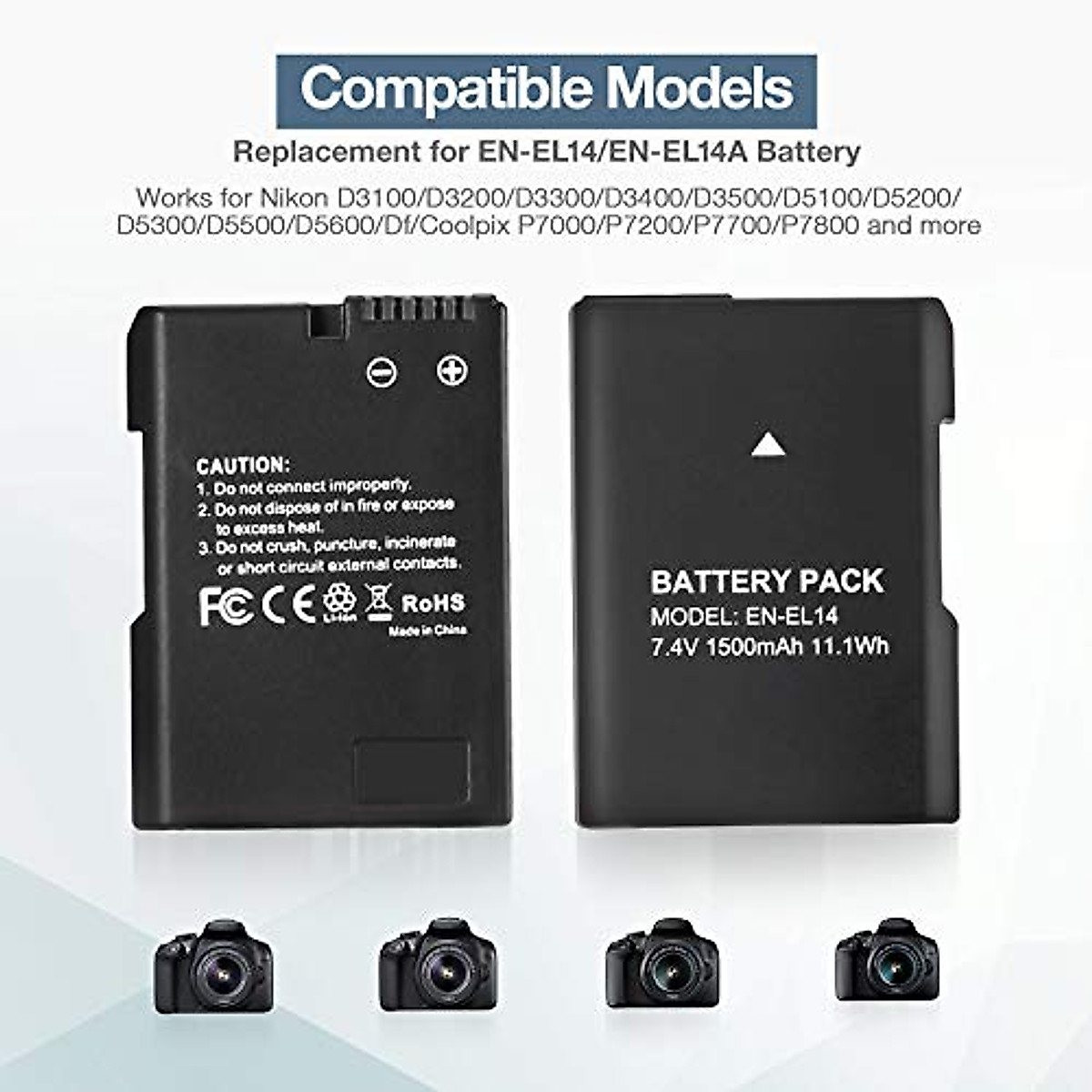 EN-EL14 EN EL14A Battery 2-Pack 1500mAh Li-ion Batteries Compatible with Nikon D3100 D3200 D3300 D3400 D3500 D5100 D5200 D5300 D5500 D5600 DF Coolpix P7000 P7100 P7700 P7800