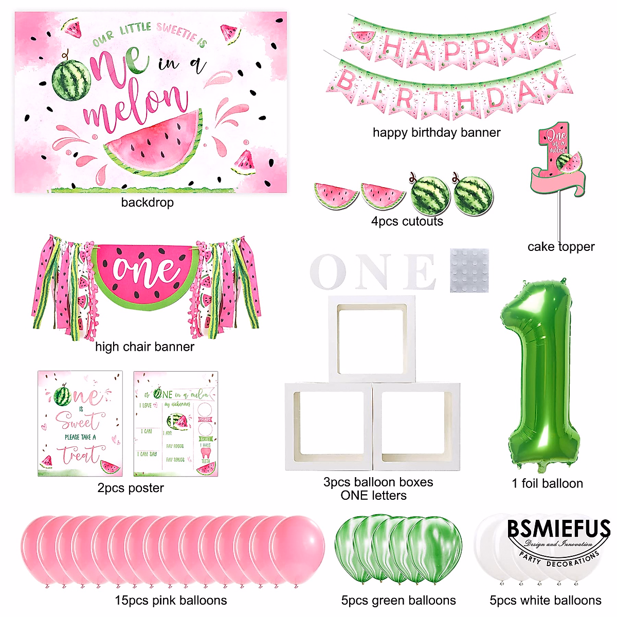 One in A Melon Party Decorations, Watermelon First Birthday Party Supplies, Watermelon Birthday Party Supplies, One in a Melon Backdrop High Chair Banner, Baby 1st Birthday Balloon Boxes for Girl 1st Birthday Party