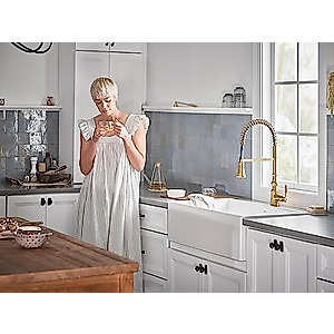 Moen WeymouthBrushed Gold One Handle Pre-Rinse Spring Farmhouse Pulldown Kitchen Faucet with Power Boost for a Faster Clean, S73104BG