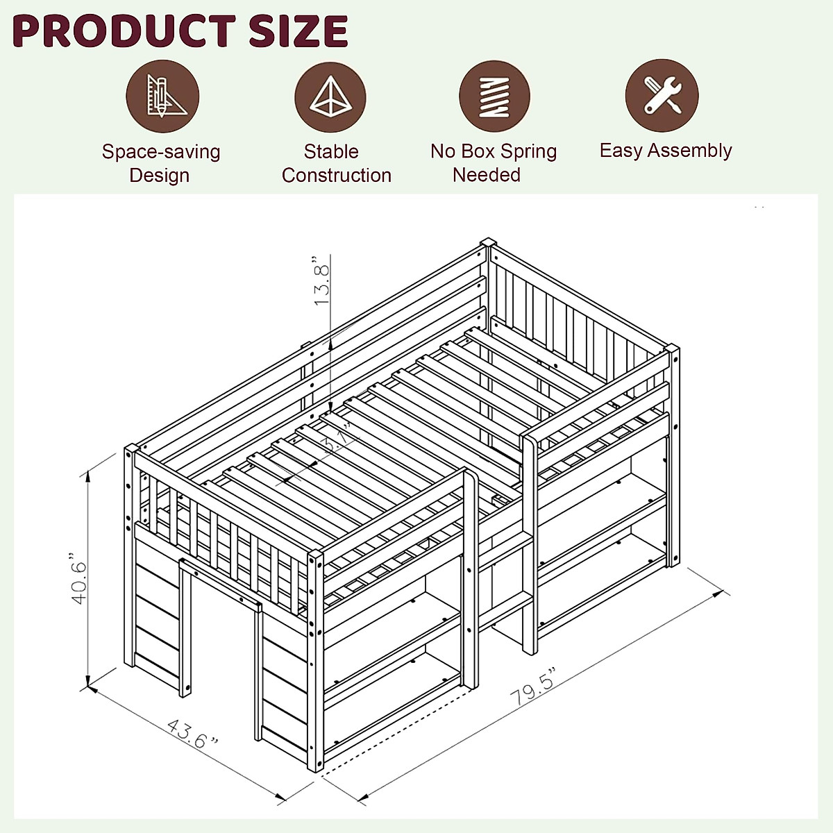 Luckiofvonne Twin Size Low Loft Bed with Storage Shelves, Wood Kids Twin Loft Bed with LED Light and Shelves, Low Loft Bed for Kids, Boys Girls, Strong Wood Slats Support, White