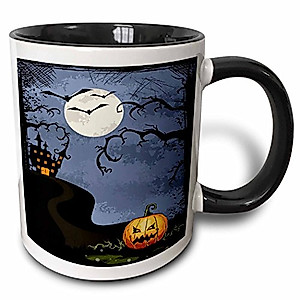 3dRose mug_65453_4 "Halloween Haunted House With Moon, Tree, and Pumpking" Two Tone Black Mug, 11 oz, Multicolor