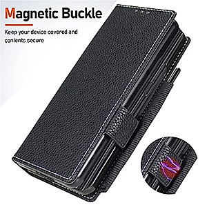 Woluki Galaxy Z Fold 3 Case with S Pen Holder, Genuine Leather Wallet Card Solt Magnetic Detachable 2-Style 360° Full Protection Stylus Storage Phone Cover for Samsung Galaxy Z Fold 3 5g (Black)